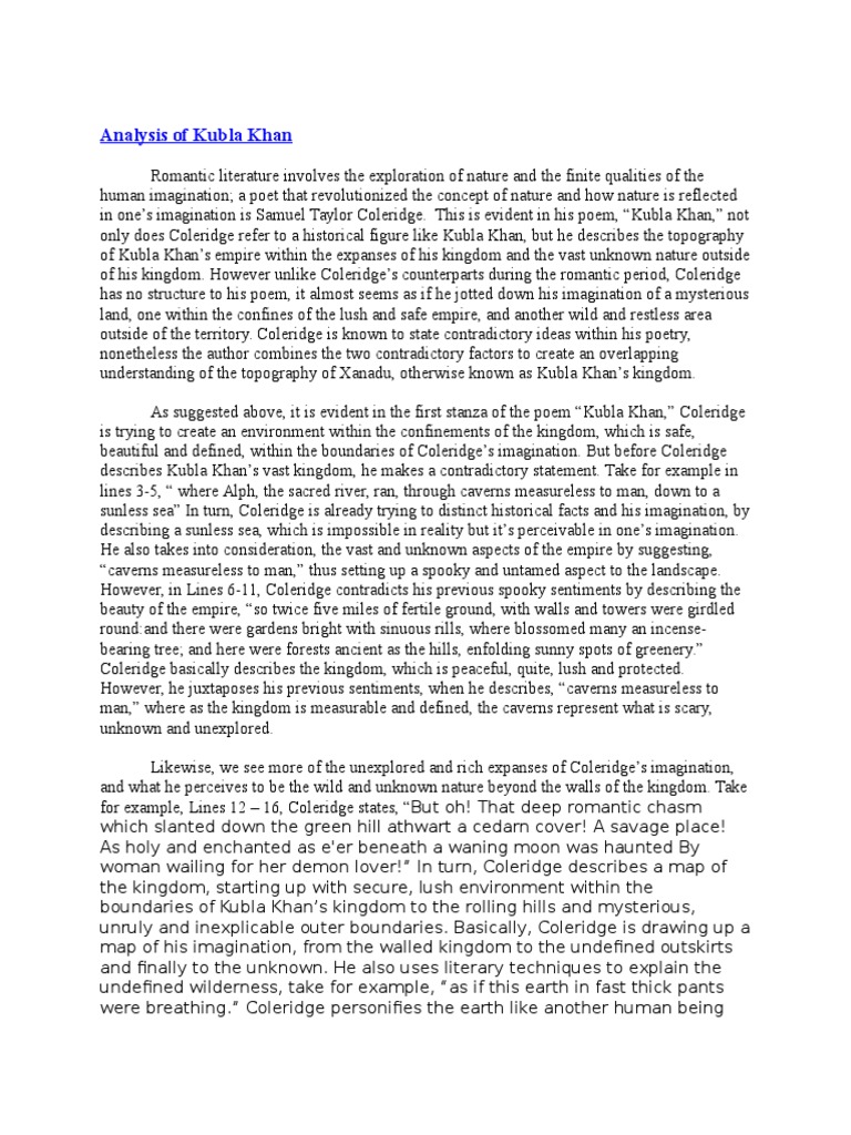 Analysis of Kubla Khan | PDF | Samuel Taylor Coleridge | Poetry