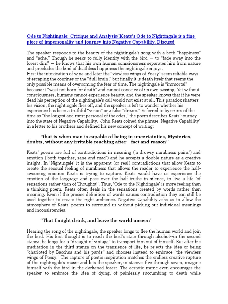 Ode To Nightingale | PDF | John Keats | Poetry