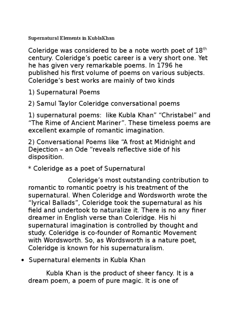 Supernatural Elements in KublaKhan | Samuel Taylor Coleridge | British ...