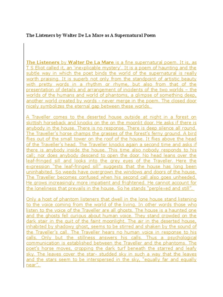 The Listeners by Walter de La Mare As A Supernatural Poem | PDF | Ghosts