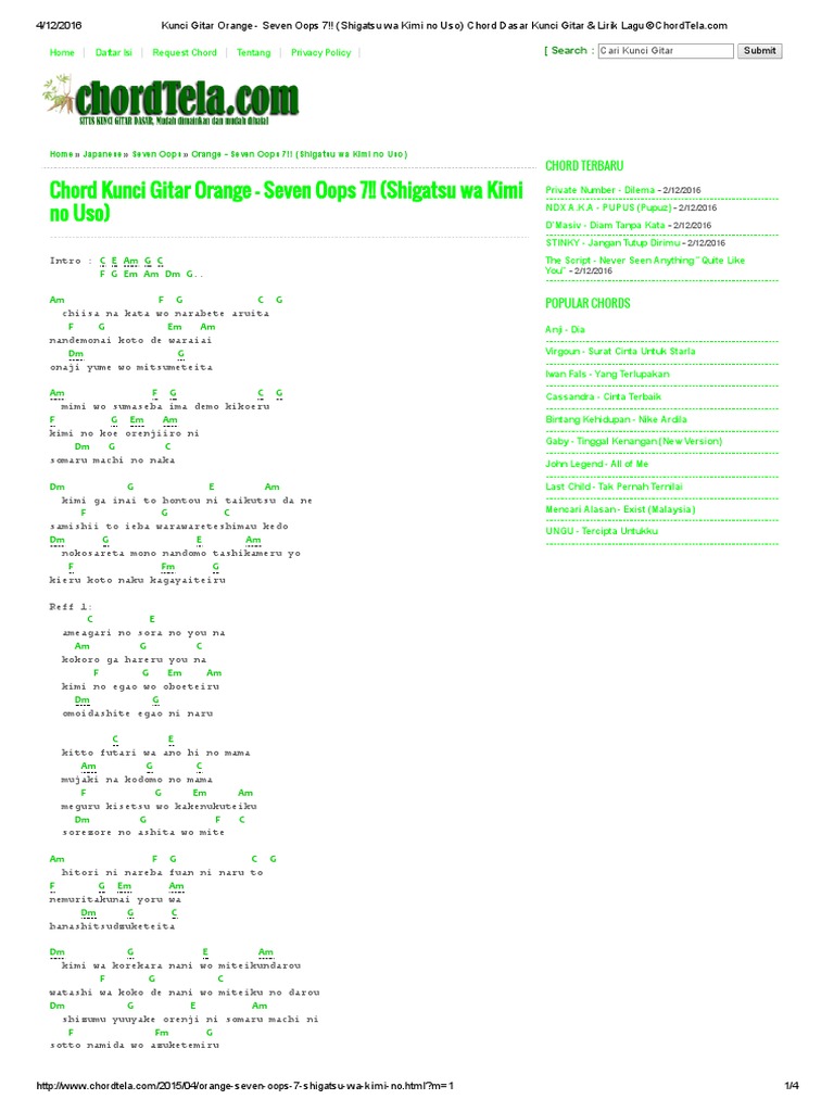 Kunci Gitar Orange - Seven Oops 7!! (Shigatsu Wa Kimi No Uso) Chord ...