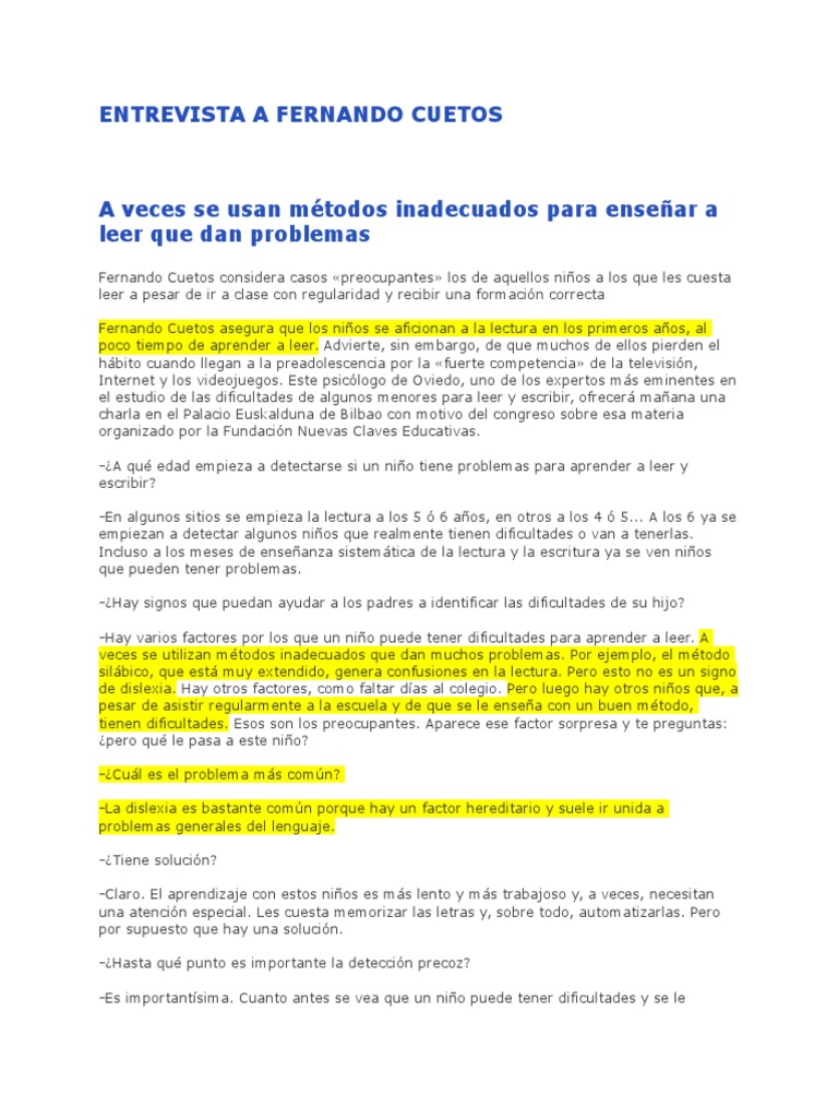 Entrevista A Fernando Cuetos | PDF | Dislexia | Lectura (proceso) Entrevista A Fernando Cuetos | PDF | Dislexia | Lectura (proceso)