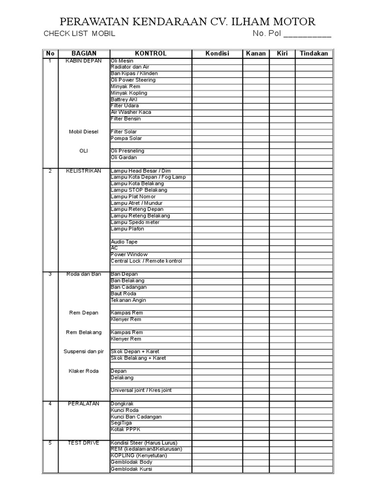 Check List Standart Mobil Bensin Dan Diesel | PDF