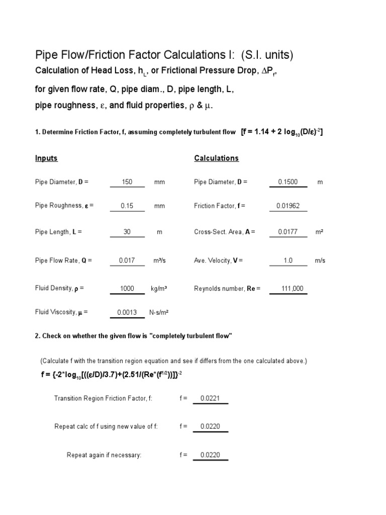1BFF68 Pipe-Flow Friction-Factor Calcns Head-Loss Si Units | PDF