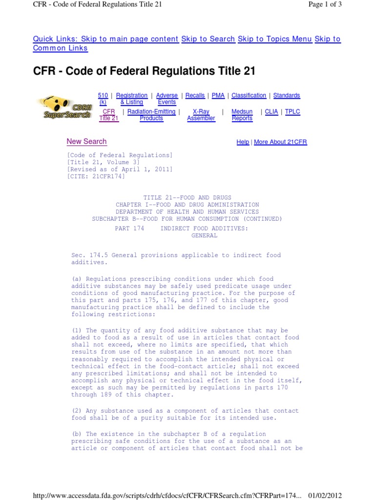 21 CFR 174 Indirect Food Additives General | PDF | Code Of Federal ...