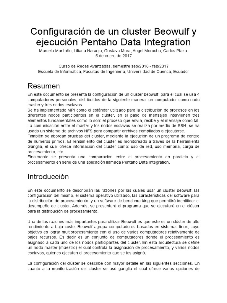 Configuración de Un Cluster Beowulf y Ejecución Pentaho Data Integration | PDF | Grupo de ...