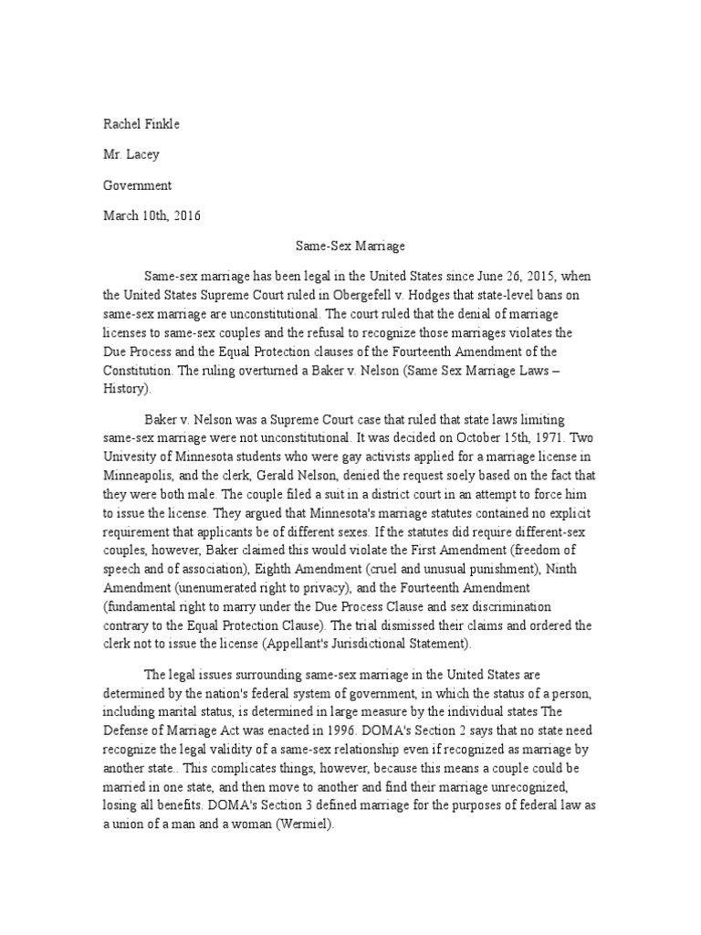 Same Sex Marriage Essay | PDF | Defense Of Marriage Act | Obergefell V ... Same Sex Marriage Essay | PDF | Defense Of Marriage Act | Obergefell V ...