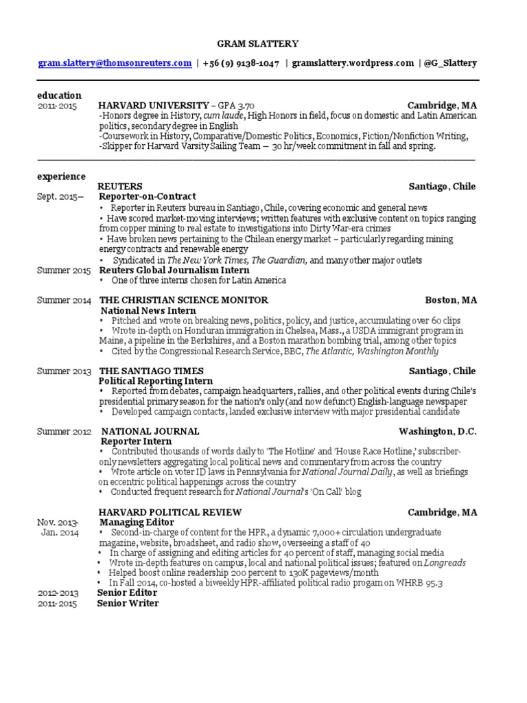 Resume - Gram Slattery - January 2017 | PDF | News | Chile