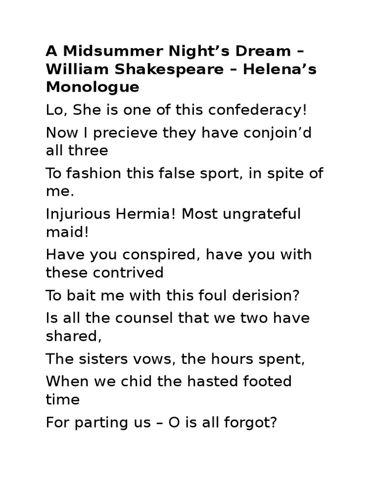A Midsummer Night's Dream - William Shakespeare - Helena's Monologue | PDF