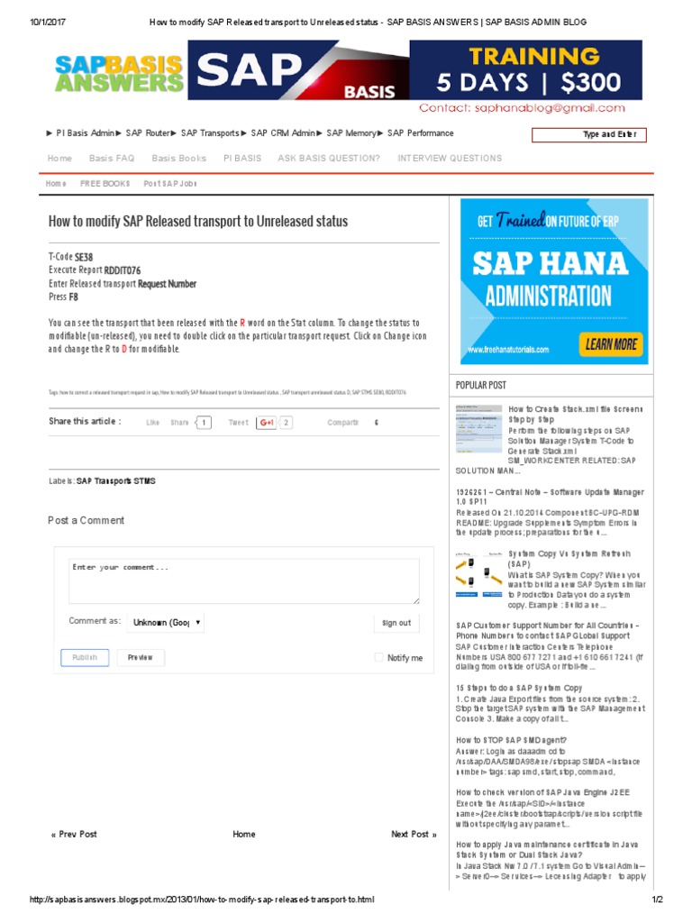 How To Modify Sap Released Transport To Unreleased Status Sap Basis Answers Sap Basis Admin