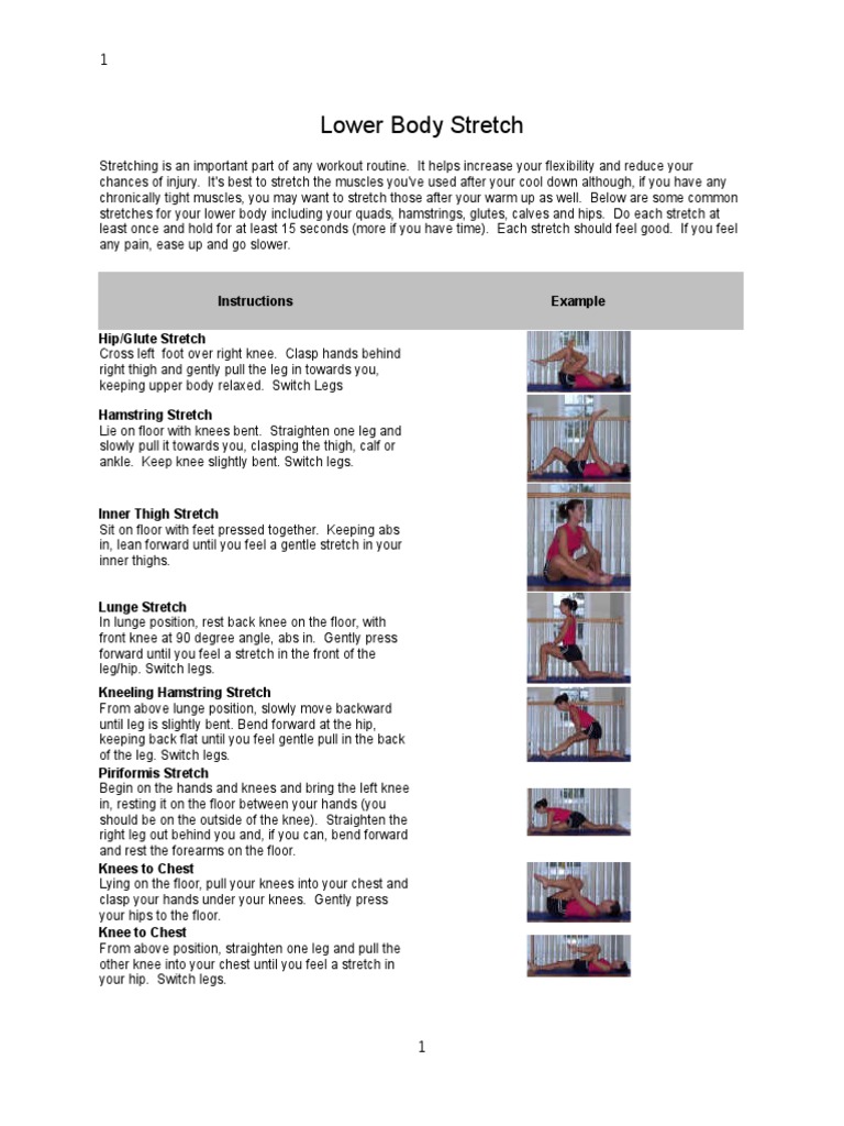 Lower Body Stretch: Instructions Example Hip/Glute Stretch | PDF ...
