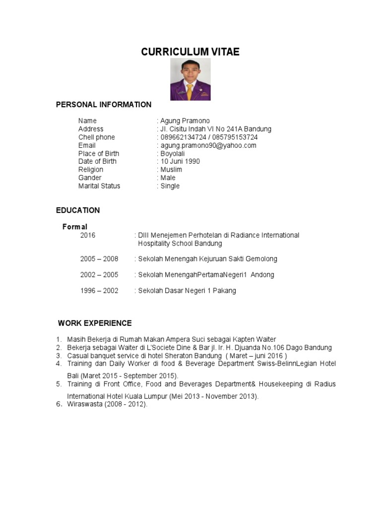 Restaurant Captain Resume of Agung Pramono | PDF