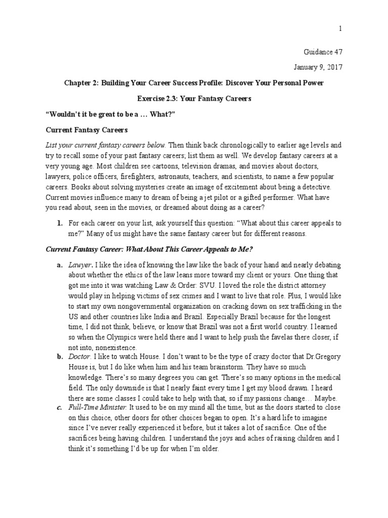 List Your Current Fantasy Careers Below. Then Think Back ...