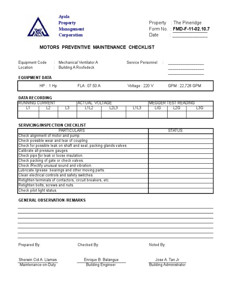 Motors Preventive Maintenance Checklist: Ayala Property Management ...