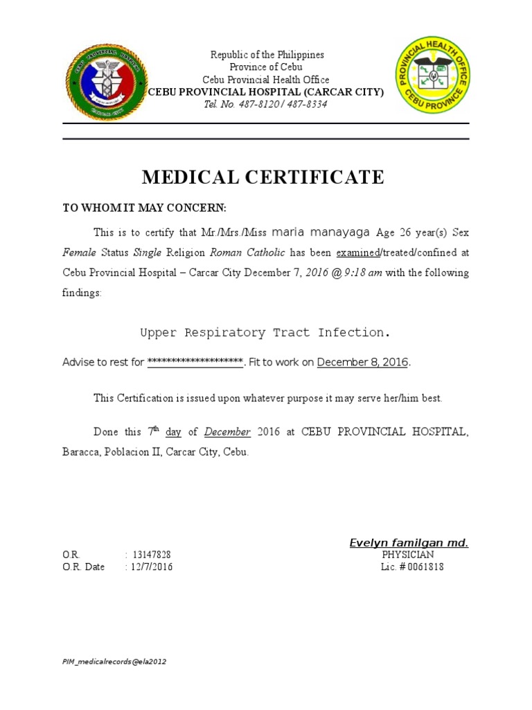 Medical Certificate: Upper Respiratory Tract Infection | PDF