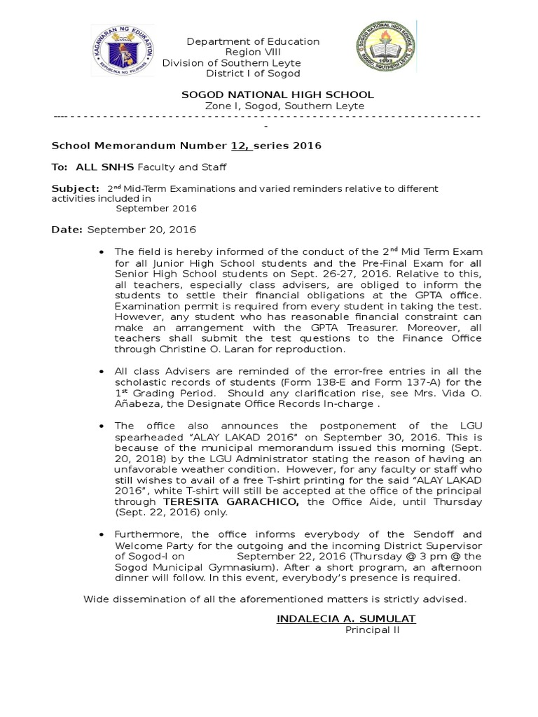 SNHS September 2016 Exam and Event Memo | PDF | Finance & Money ...