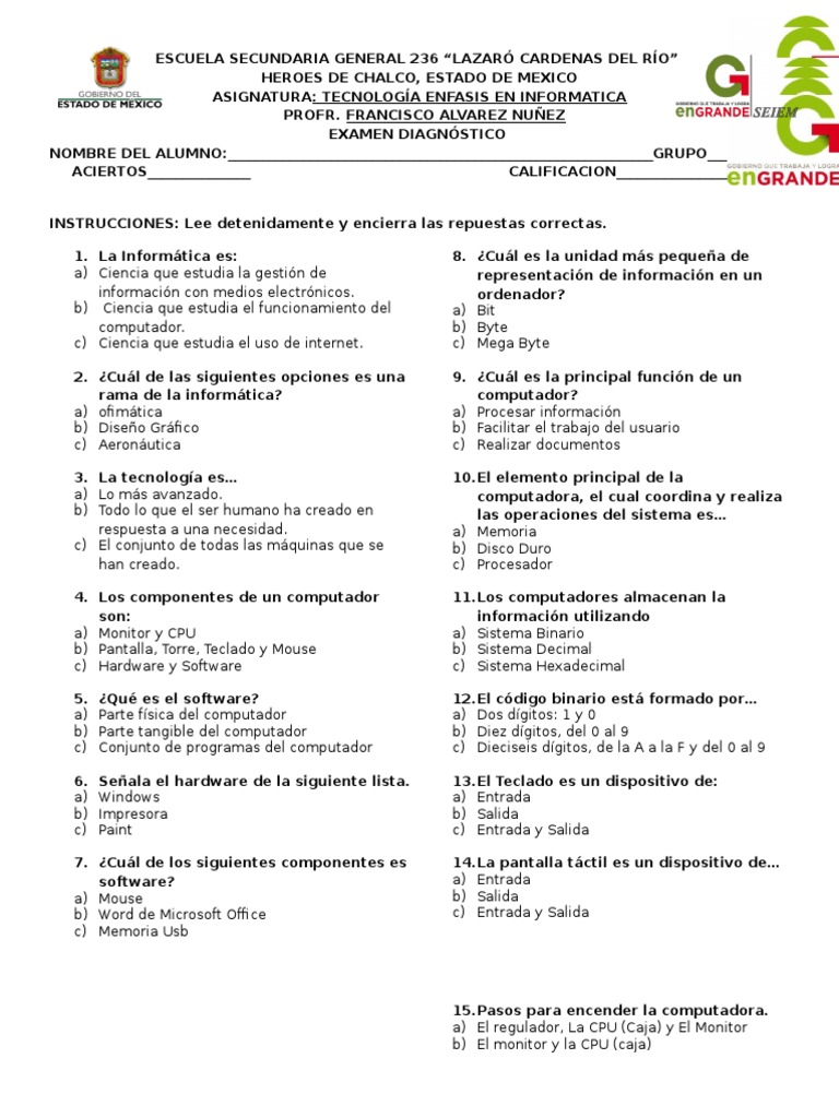 EXAMEN DIAGNOSTICO 3° GRADO | Hardware de la computadora | Programa de computadora