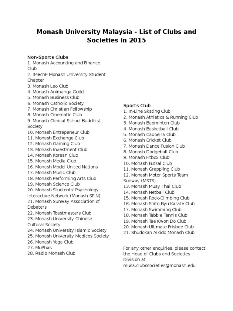 Monash University Malaysia - List of Clubs and Societies in 2015 | PDF ...