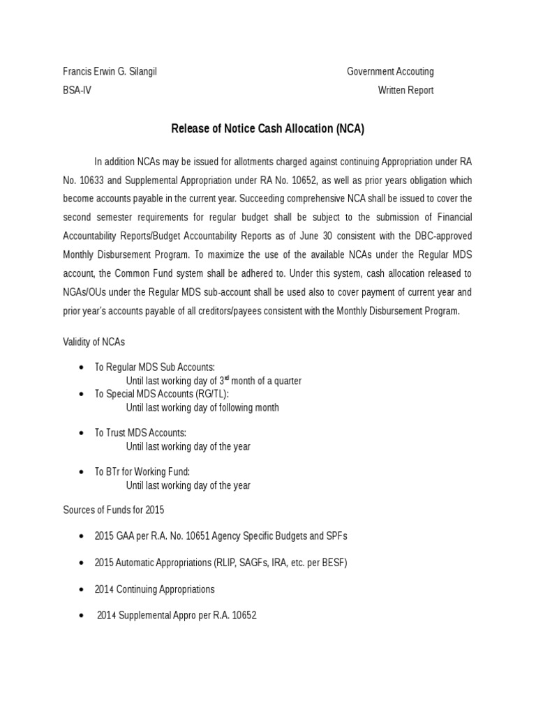 NCA Release and Fund Allocation Guide | PDF