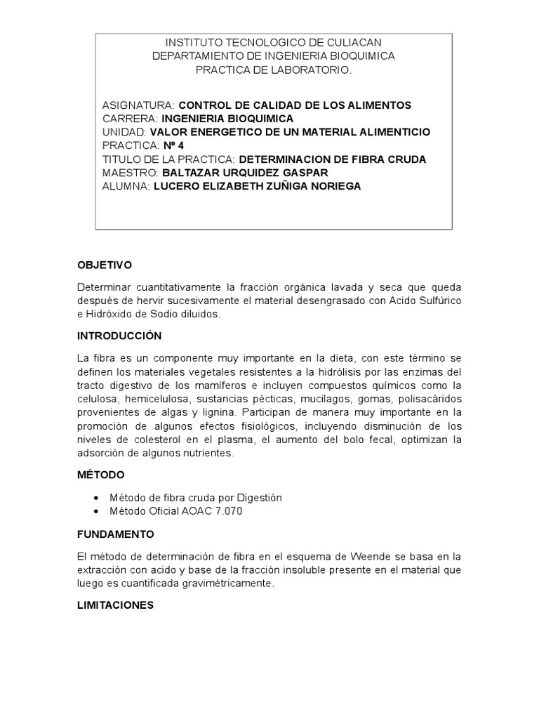 Determinacion de Fibra Cruda | PDF | Fibra dietética | Dieta y nutrición