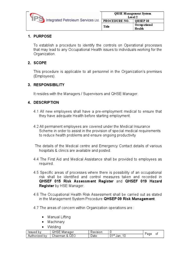 Purpose: QHSE Management System Level 2 Procedure No. Qhsep 10 Title ...