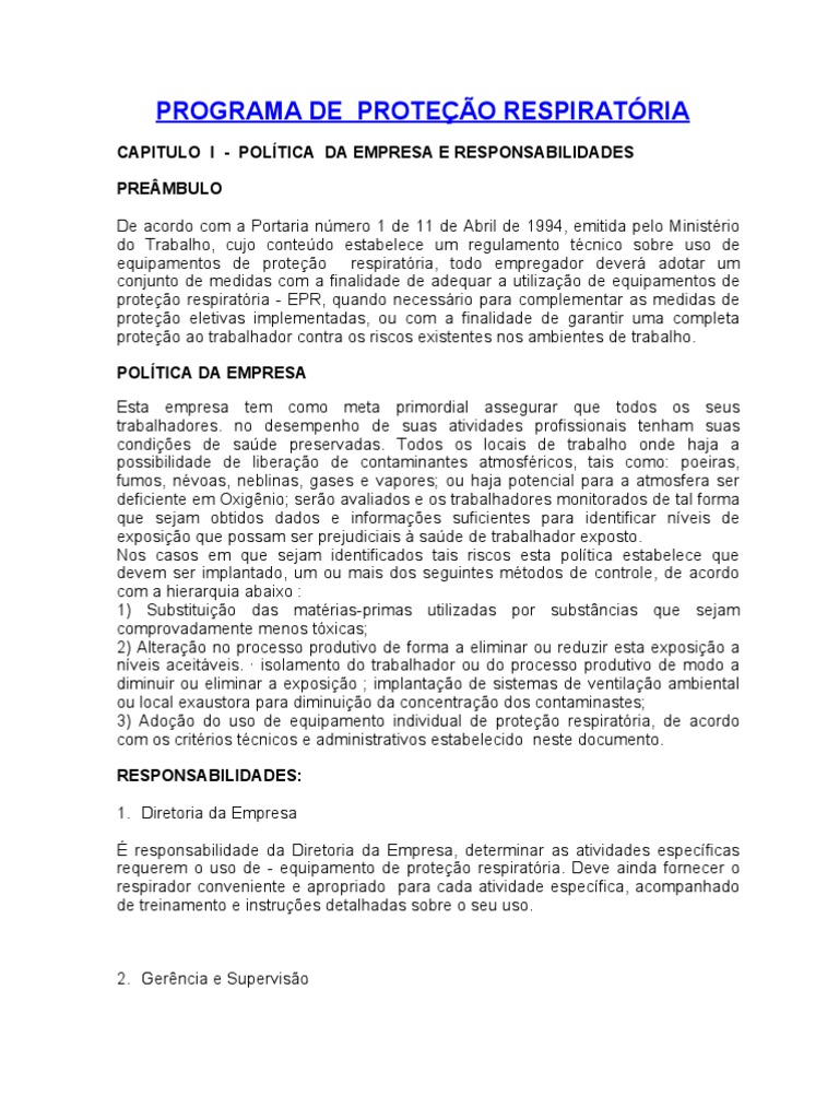 Modelo de Programa de Proteção Respiratóra - PPR | PDF | Oxigênio ...