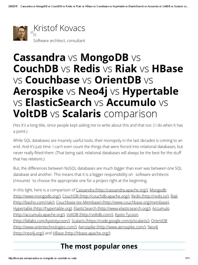 Cassandra Vs MongoDB Vs CouchDB Vs Redis Vs Riak Vs HBase Vs Couchbase Vs Hypertable Vs ...