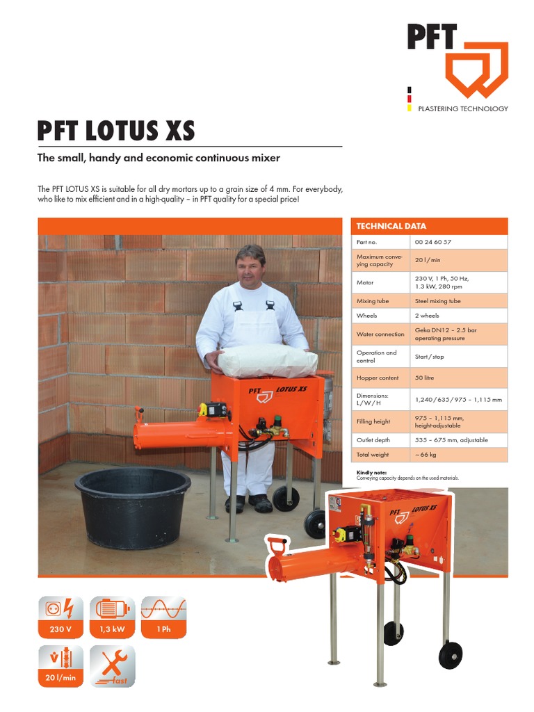 PFT Lotus XS: The Small, Handy and Economic Continuous Mixer | PDF | Nature