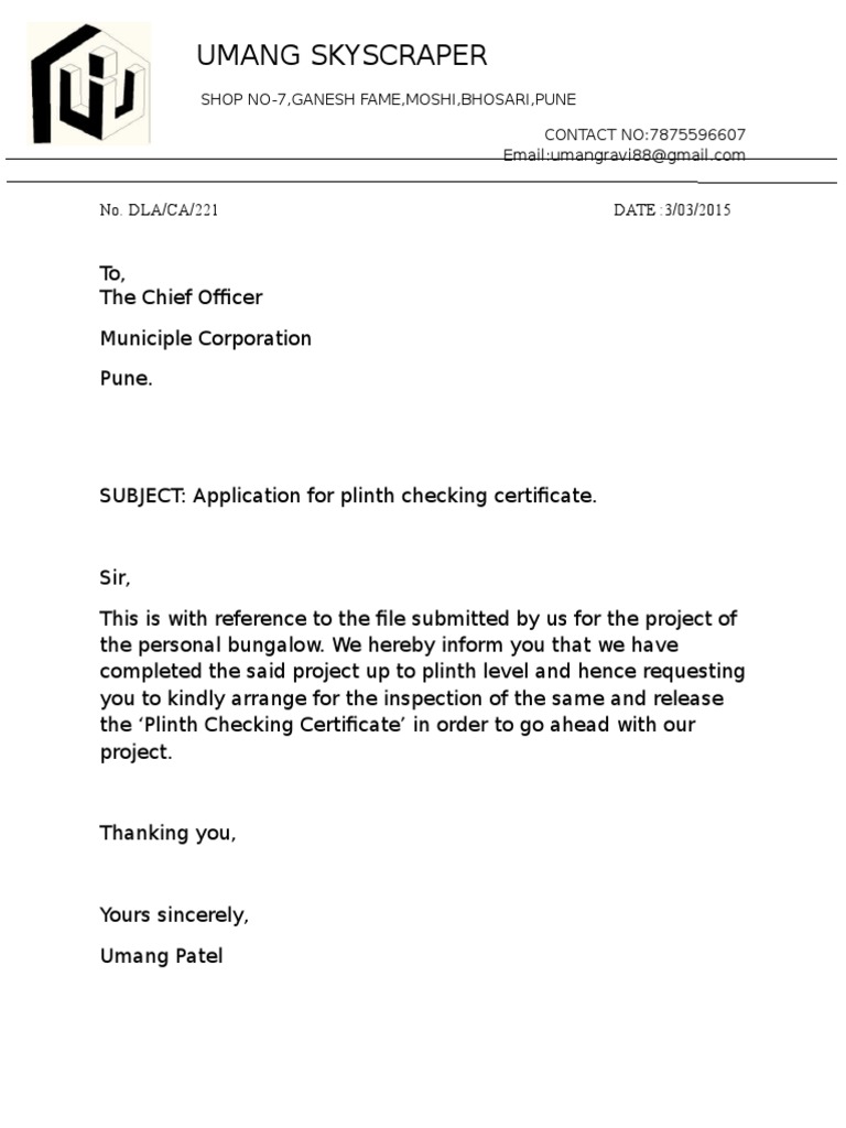 Application For Plinth Checking Certificate. | PDF