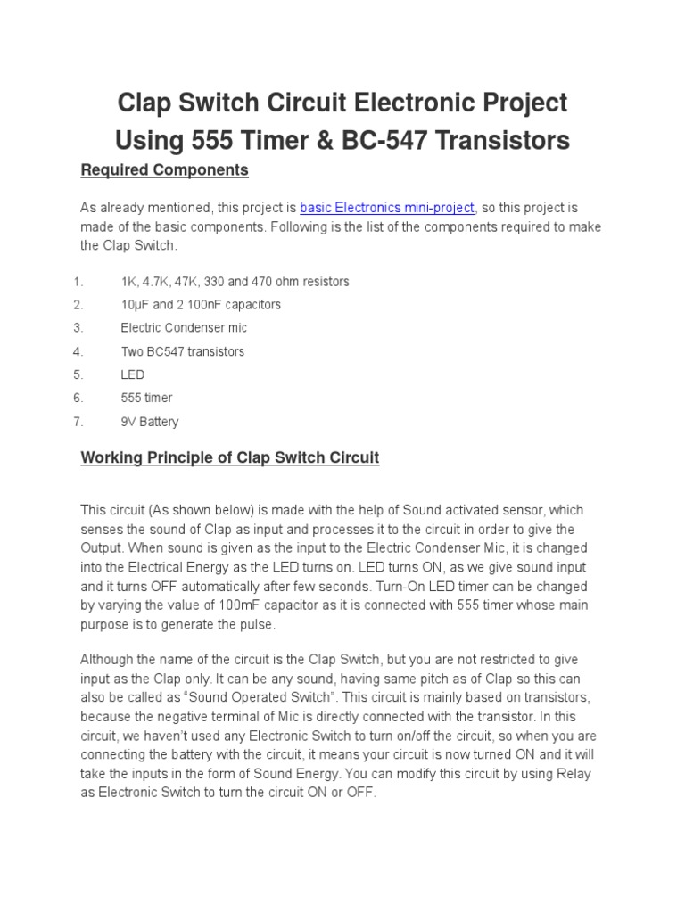 Clap Switch Circuit Electronic Project Using 555 Timer | Download Free ...