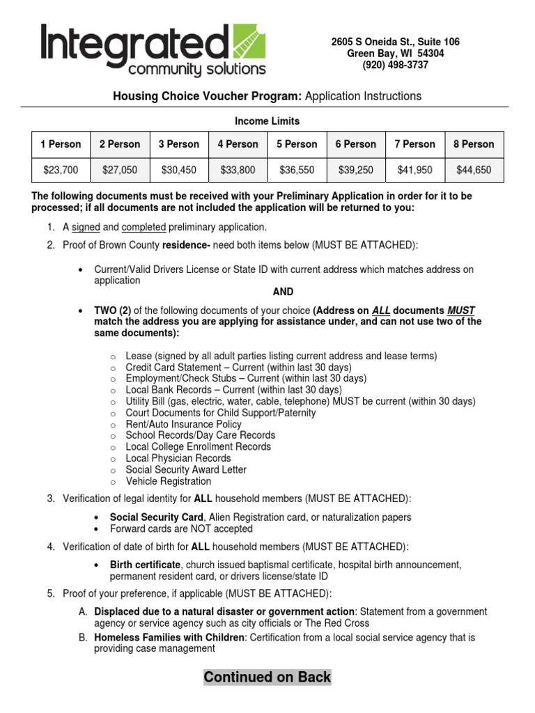 Housing Choice Voucher Program: Application Instructions: Continued On ...
