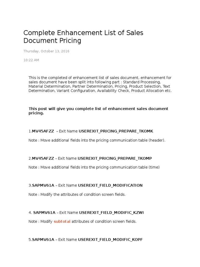 Complete Enhancement List of Sales Document Pricing | PDF | Invoice ...