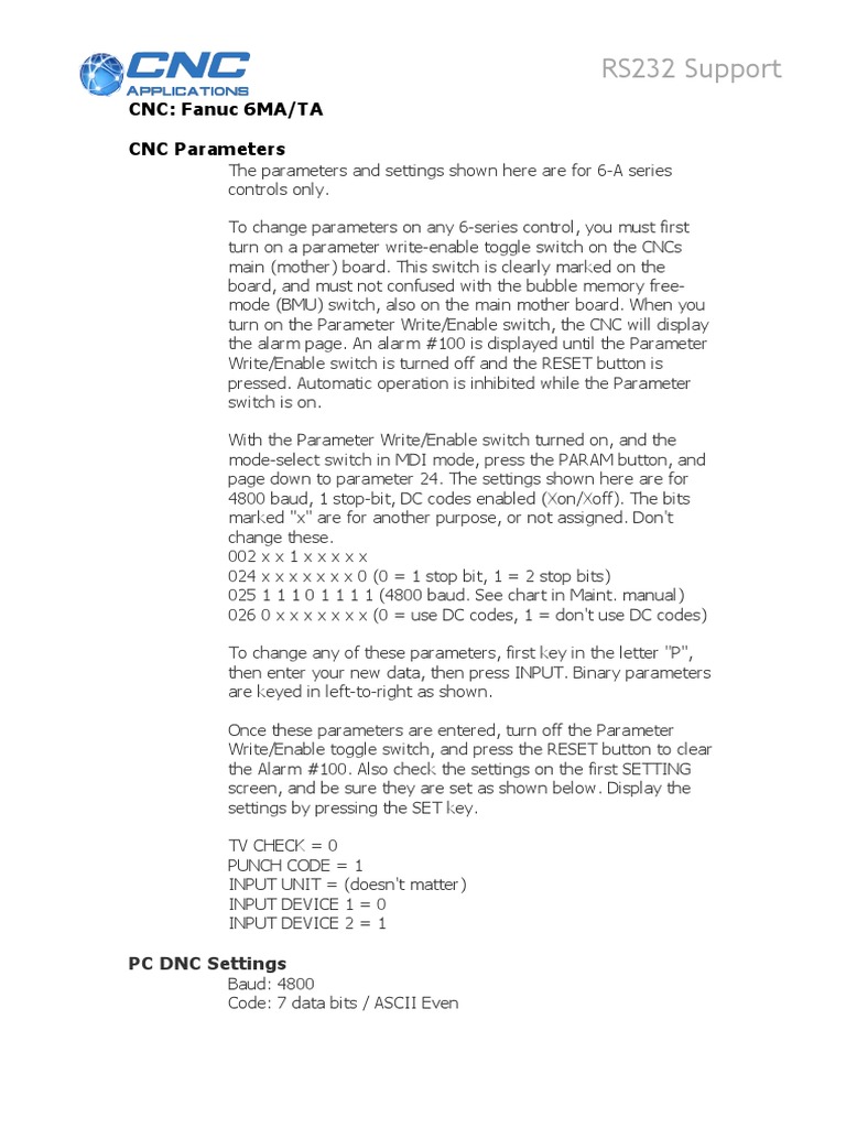 RS232 Support: CNC: Fanuc 6MA/TA CNC Parameters | PDF | Electrical Engineering | Computer ...