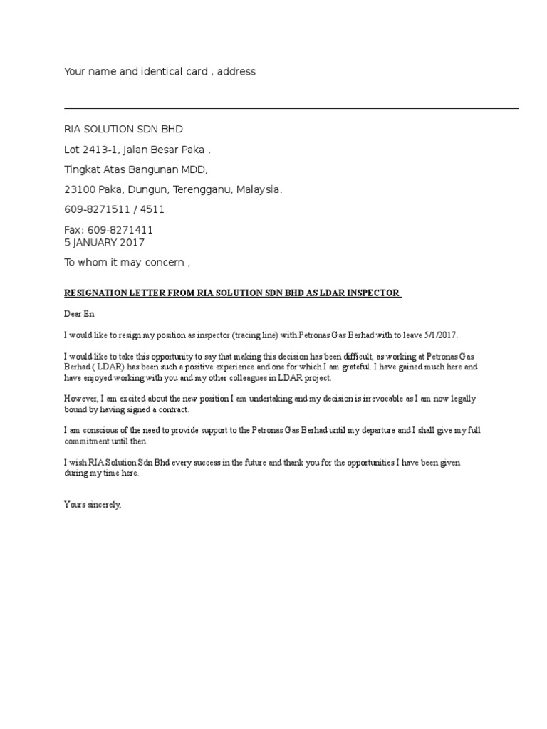 Your Name and Identical Card, Address: Resignation Letter From Ria ...