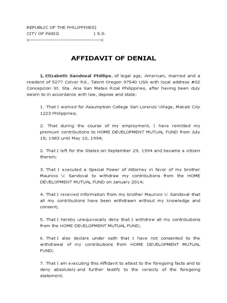 Affidavit of Denial Sample