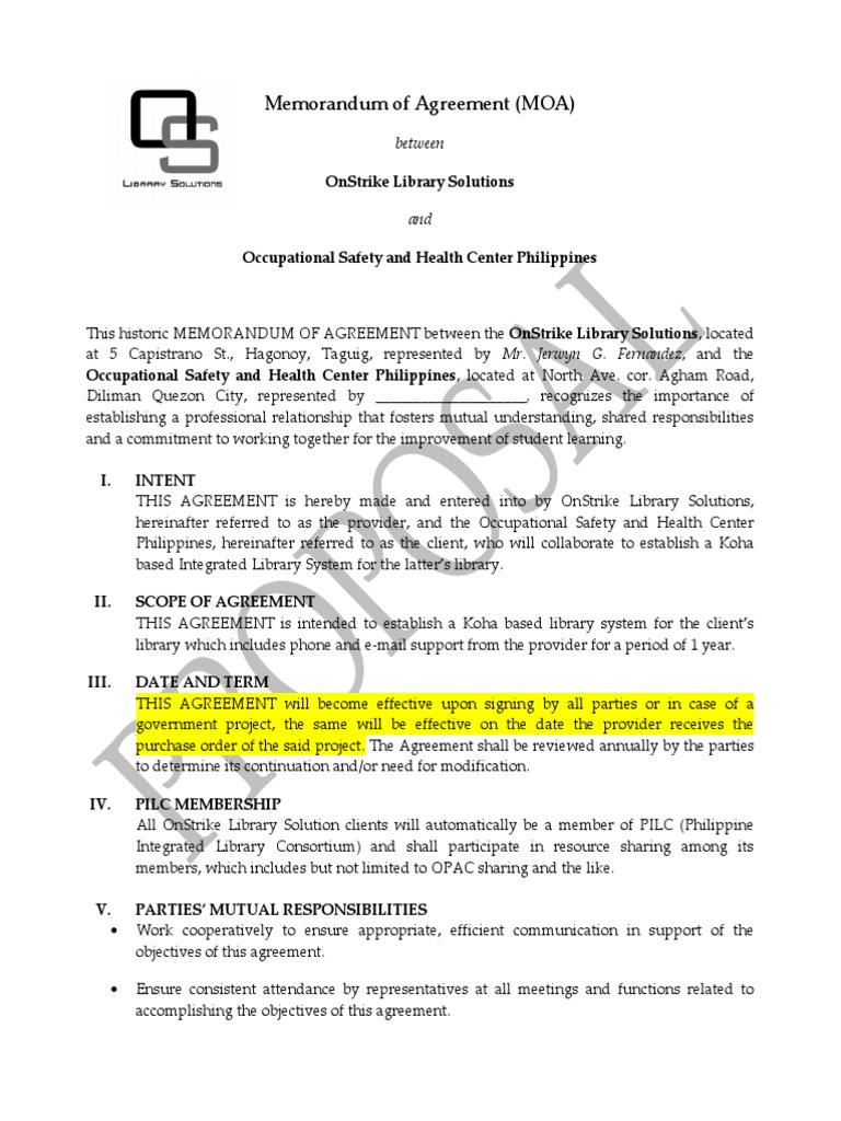 Memorandum of Agreement (MOA) : Between | PDF | Libraries | Port ...