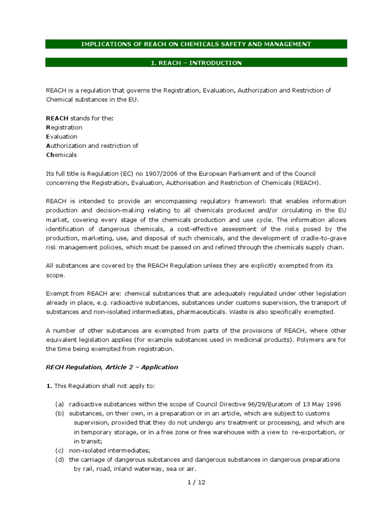REACH Regulation Overview and Implications | PDF | Safety | Chemistry