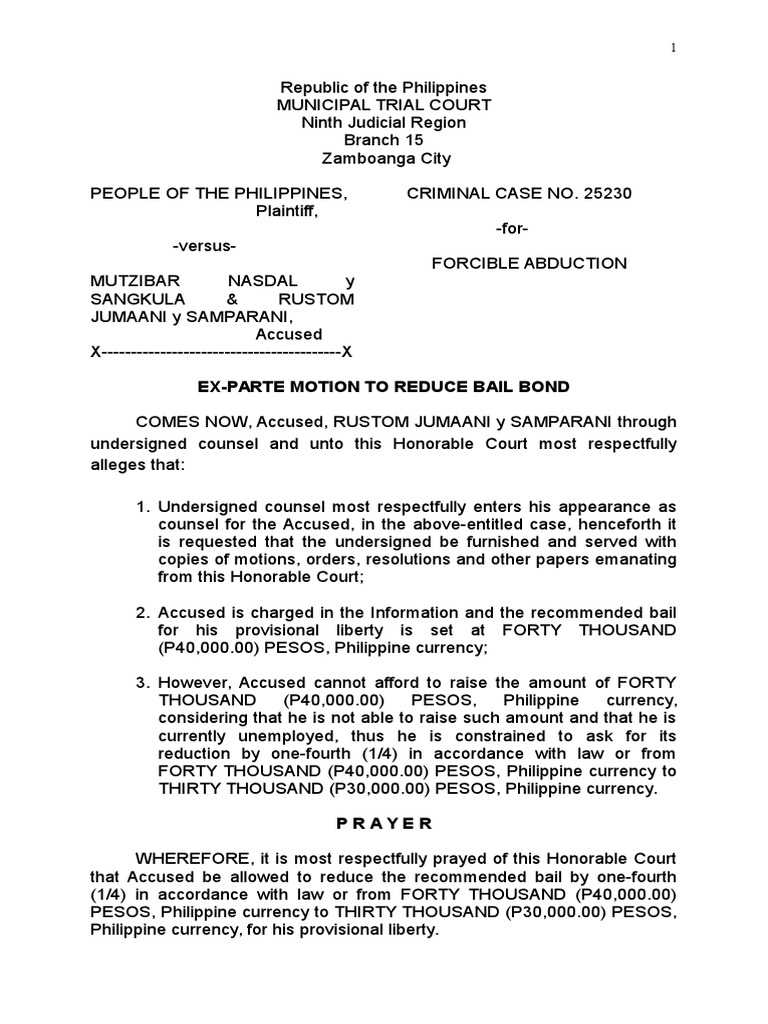 Ex-Parte Motion To Reduce Bail Bond | PDF