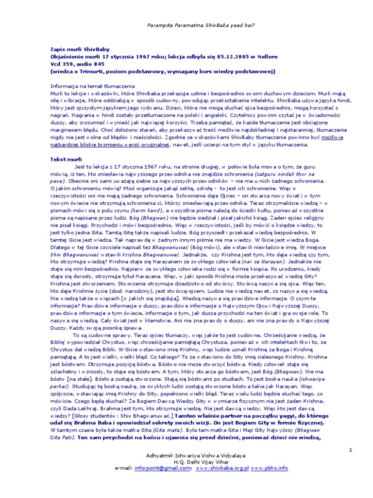 ShivBaba's Commentary On The Sakar Murli VCD 359/polish | PDF