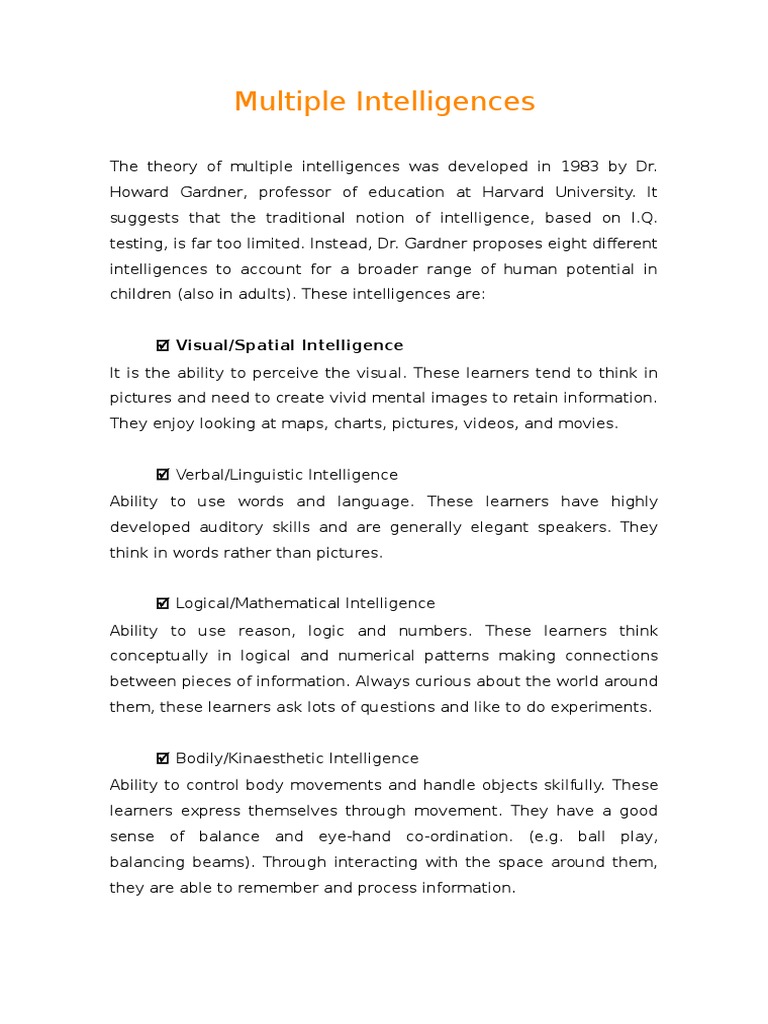 Multiple Intelligences Definitions | PDF | Intelligence | Action (Philosophy)