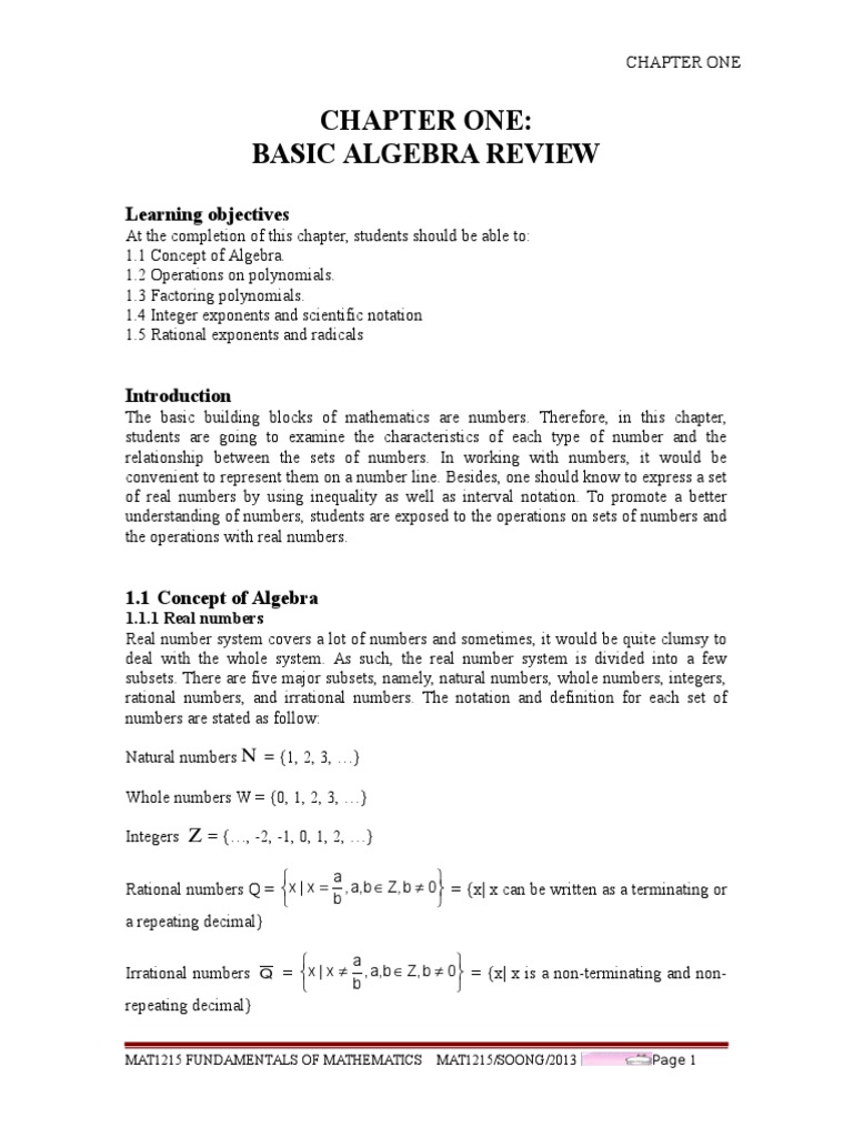 Basic Algebra Review Overview | PDF | Numbers | Polynomial