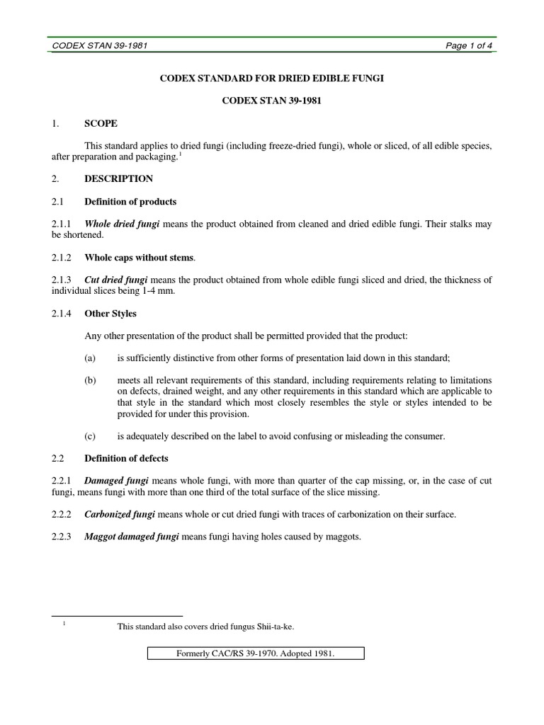 Codex Standard For Dried Edible Fungi CODEX STAN 39-1981 | PDF | Fungus ...