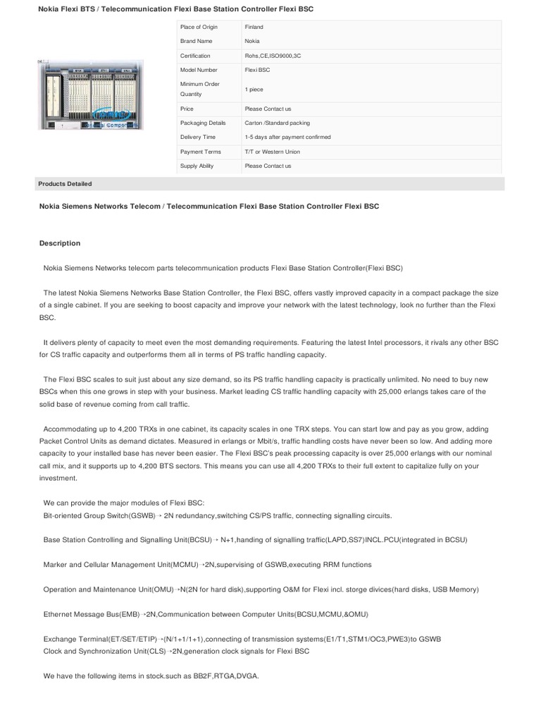 Nokia Flexi Bts Telecommunication Flexi Base Station Controller Flexi Bsc-97178471 | PDF