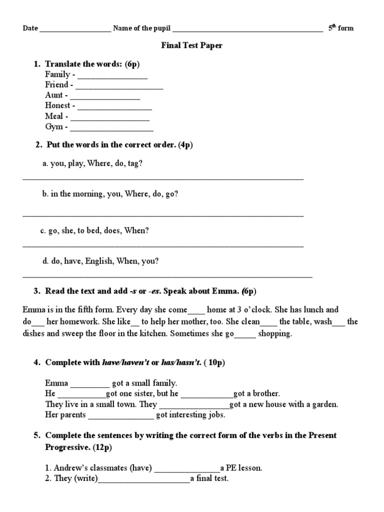 Final Test Paper 5th Form 2016 | PDF