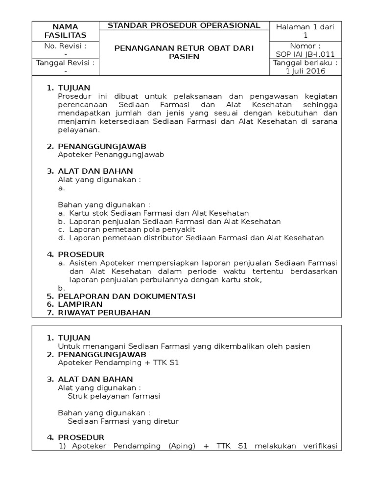 I-011 SOP Penanganan Retur Obat Dari Pasien | PDF