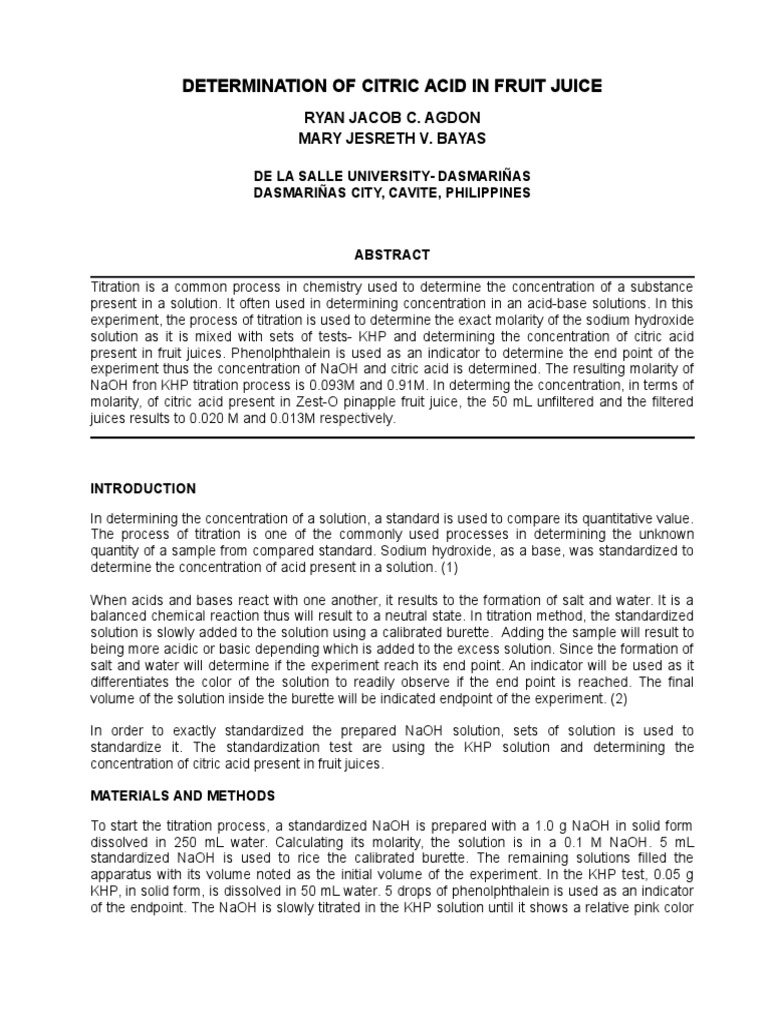 Citric Acid Determination in Fruit Juice | PDF | Molar Concentration ...