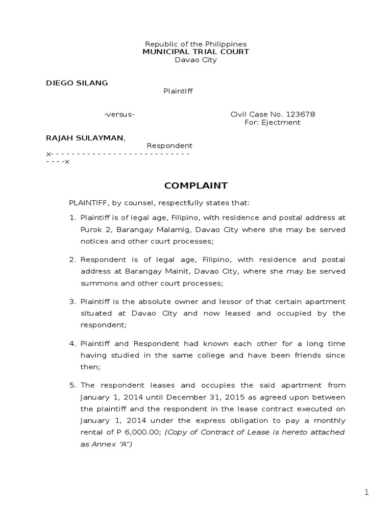 Complaint for Ejectment | Lease | Plaintiff