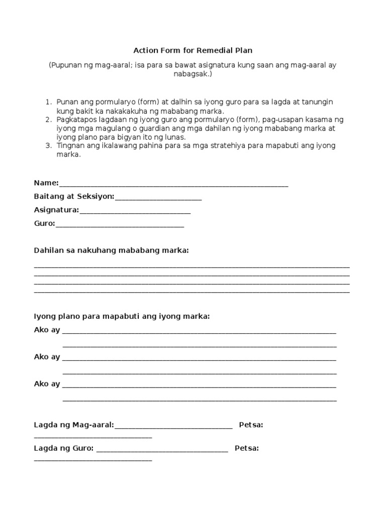 Action Form For Remedial Plan | PDF