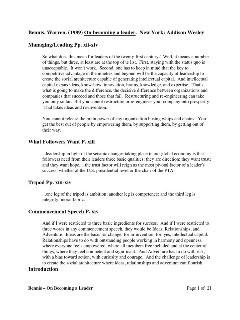 On Becoming A Leader (1989), by Warren Bennis PDF | PDF | Leadership ...