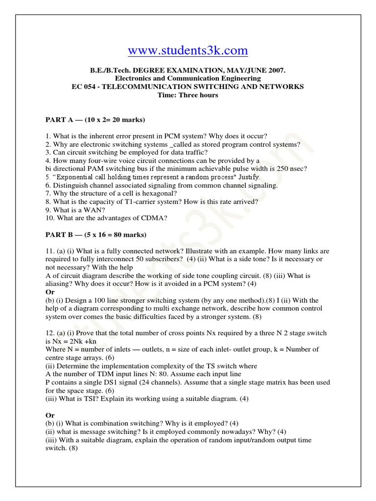 Telecommunication Switching and Networks Papers Uptu | PDF ...